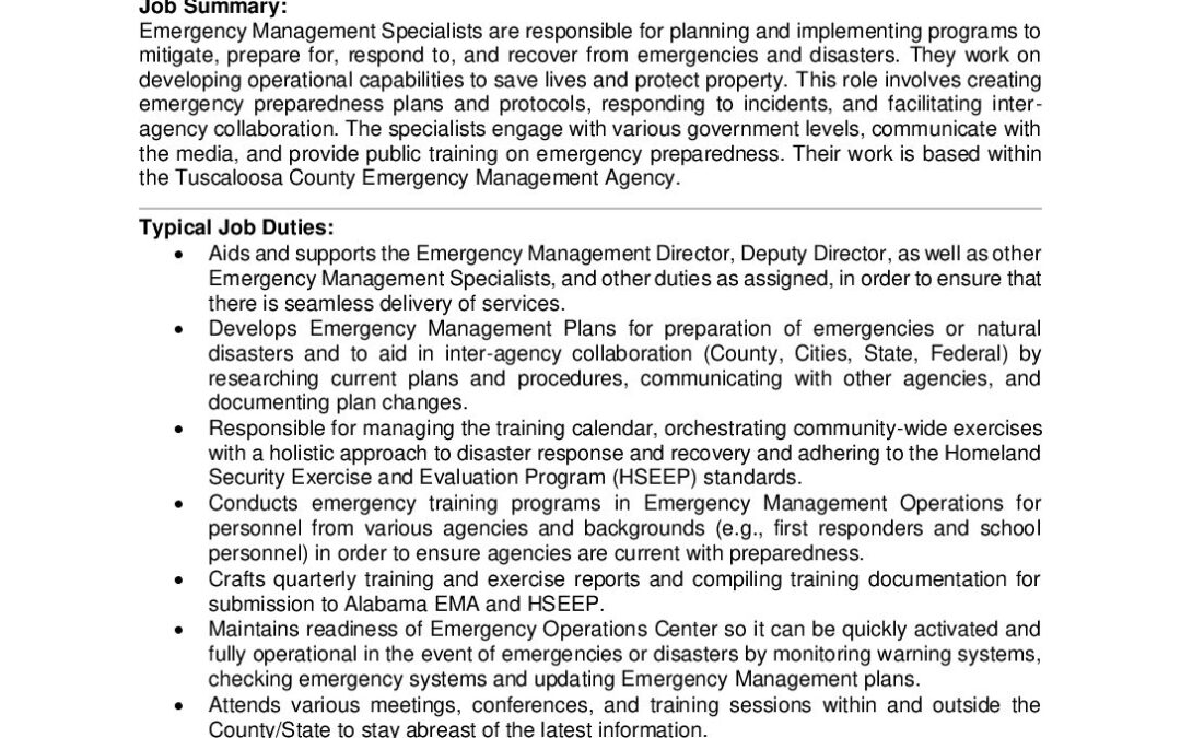 Emergency Management Specialist-UPDATED 1.25.24 - Tuscaloosa County Alabama