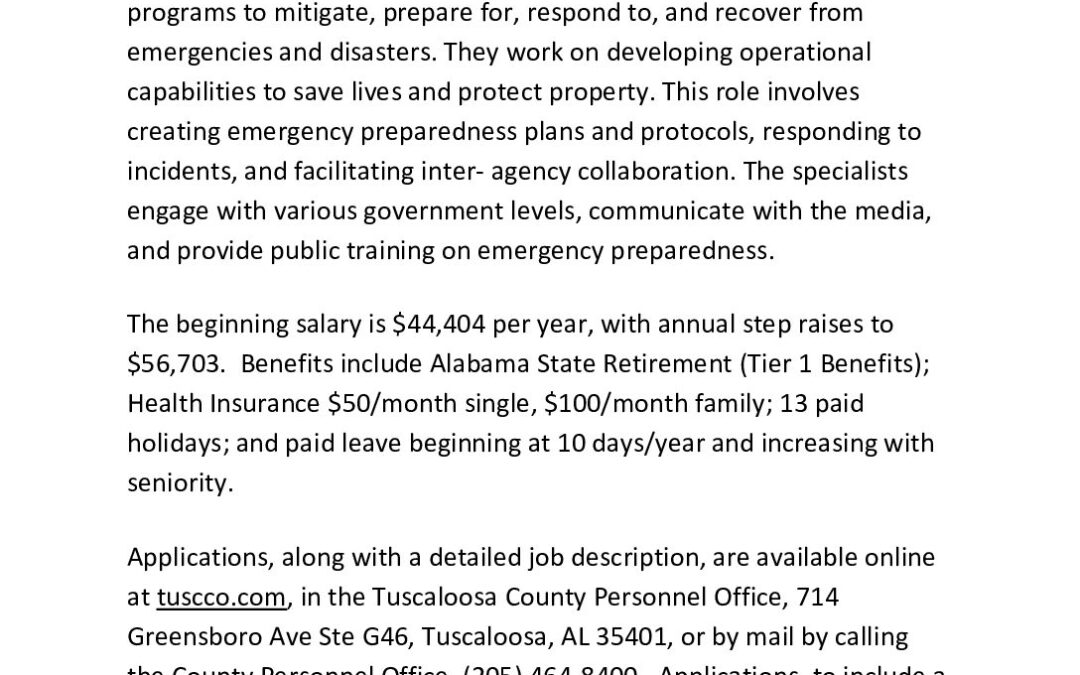 Vacancy Announcement - EMA Specialist - Tuscaloosa County Alabama