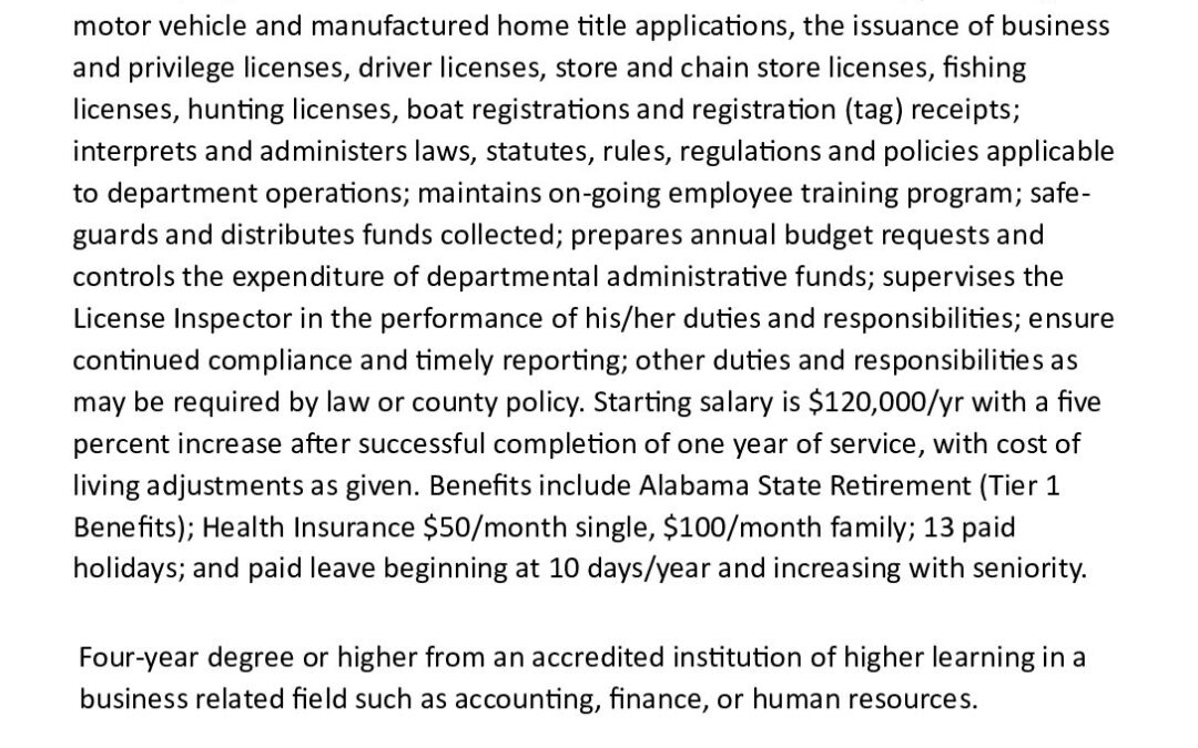 Vacancy Announcement - License Commissioner - Tuscaloosa County Alabama