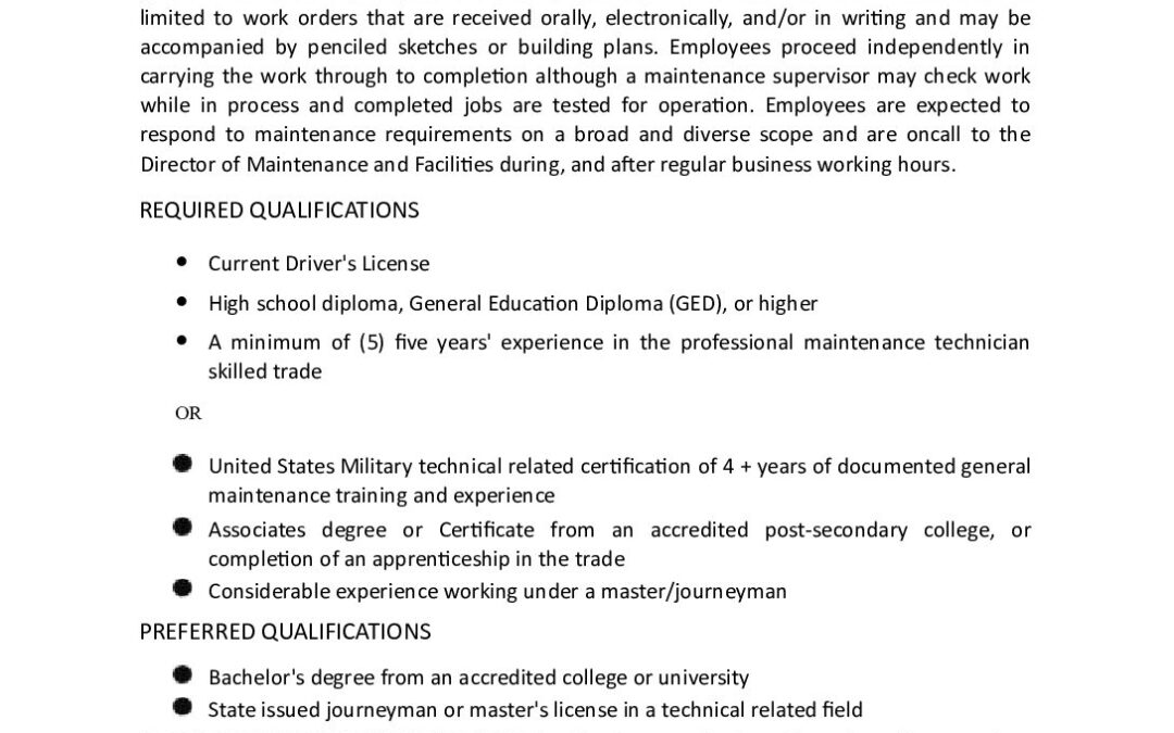 General Maintenance Technician Job Description - Tuscaloosa County Alabama