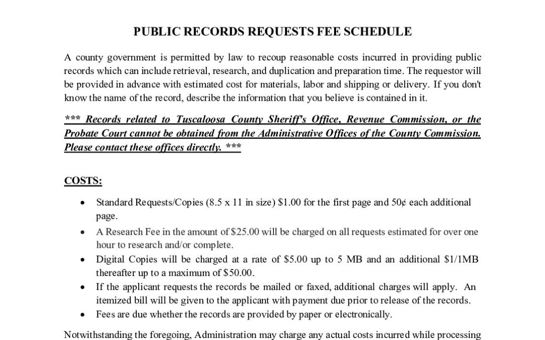 Public Records Requests Fee Schedule - Tuscaloosa County Alabama